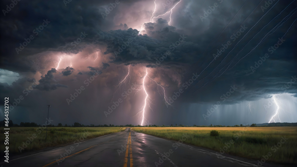 AI generated photo of a violent thunderstorm with lightning in the sky, open field Stock Photo ...
