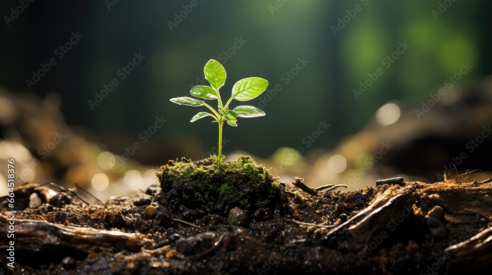 A young tree sprouting from the remnants of an old tree stump ...