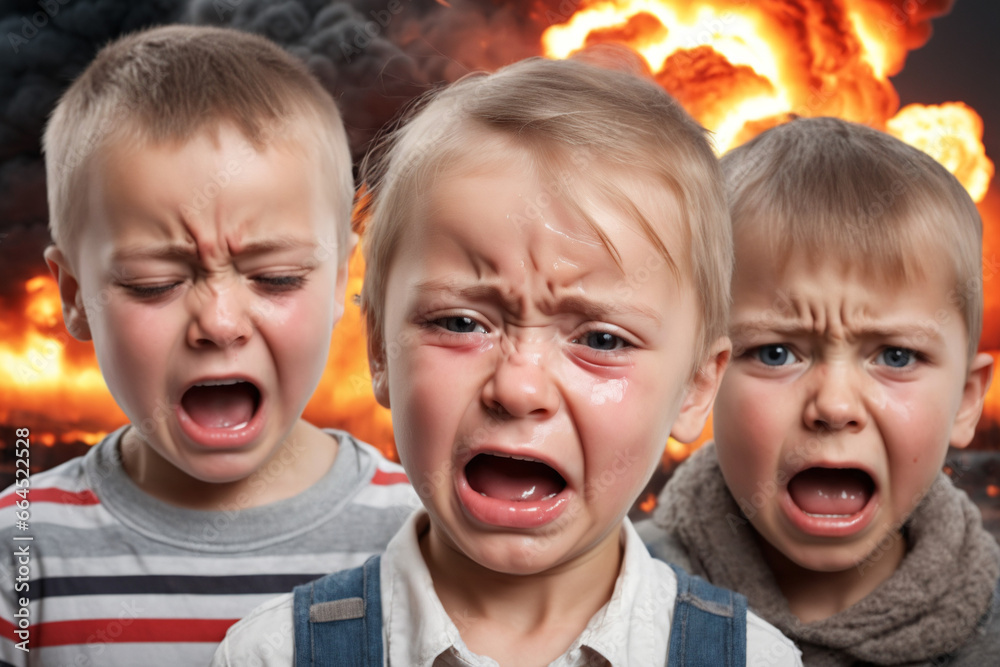 three children with their mouths open crying in front of a bonfire on a ...