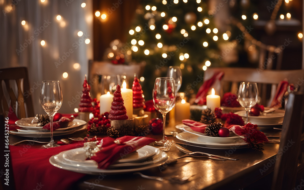 Christmas dinner table setting in a cosy modern living room Stock Photo ...