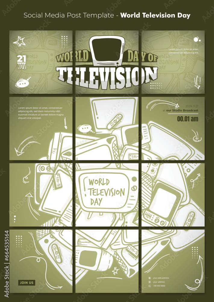 Social media post template with doodle art of television background ...