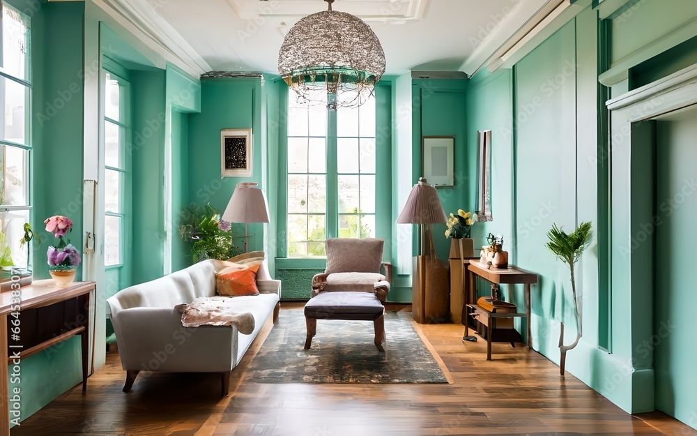 French country style style interior design of modern bedroom with mint ...