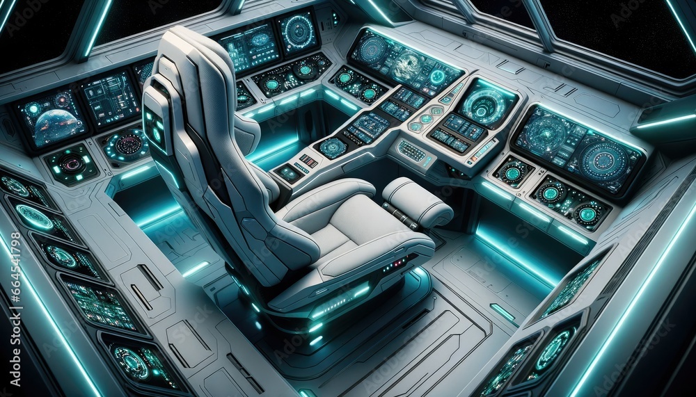 Spaceship cockpit, featuring ergonomic seats, interactive control ...