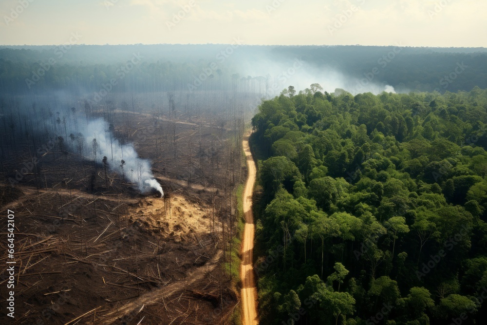 An image depicting a deforested area contrasted with a lush, untouched ...