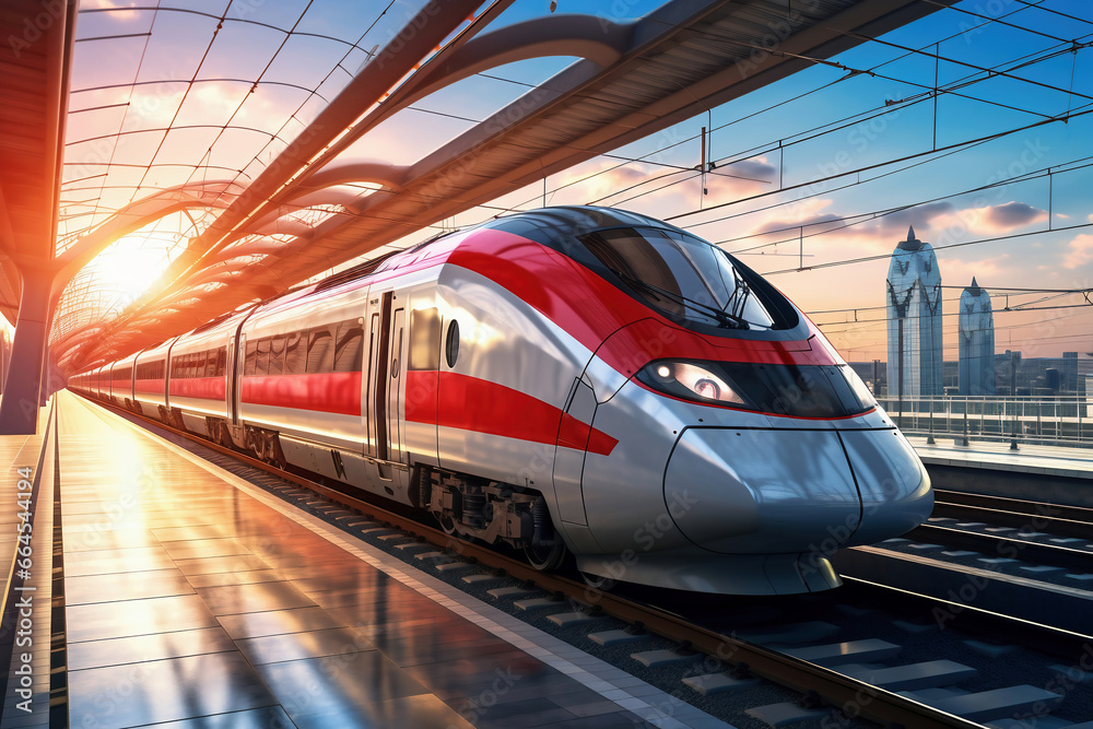 Red and white modern high-speed train on a railway platform. Boarding ...