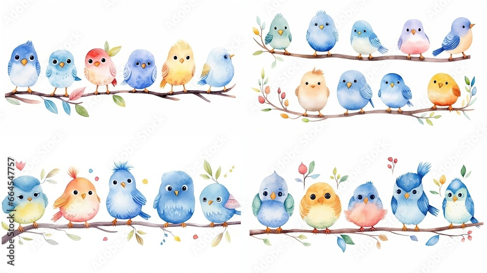watercolor cartoon illustration, bird family perch on tree branch ...