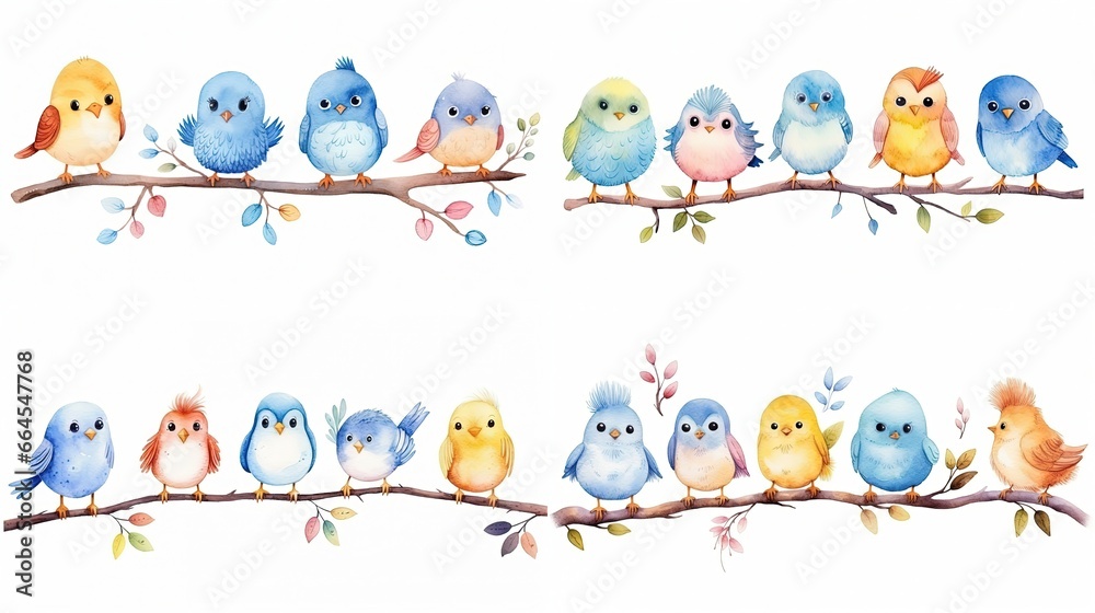 watercolor cartoon illustration, bird family perch on tree branch ...