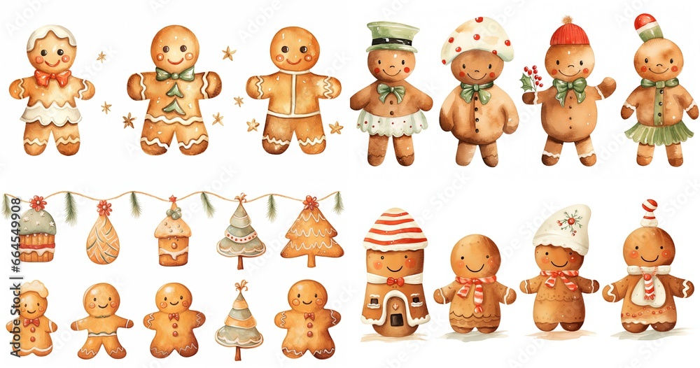 watercolor style cartoon illustration of cute ginger bread wearing ...