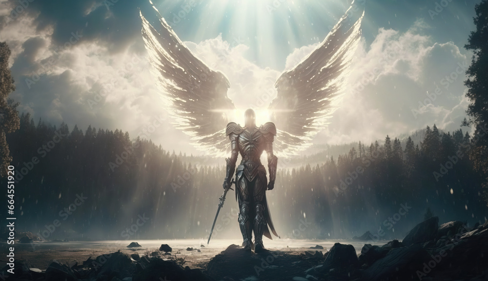 Guardian angel in armor, holding a sward, surrounded by glowing light ...