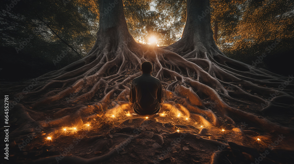Man meditating and praying in an ancient forest, sitting among trees ...