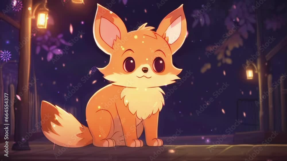 Cute Cozy Cartoon Anime Fox Nodding Head at Night with Leaves, Petals ...