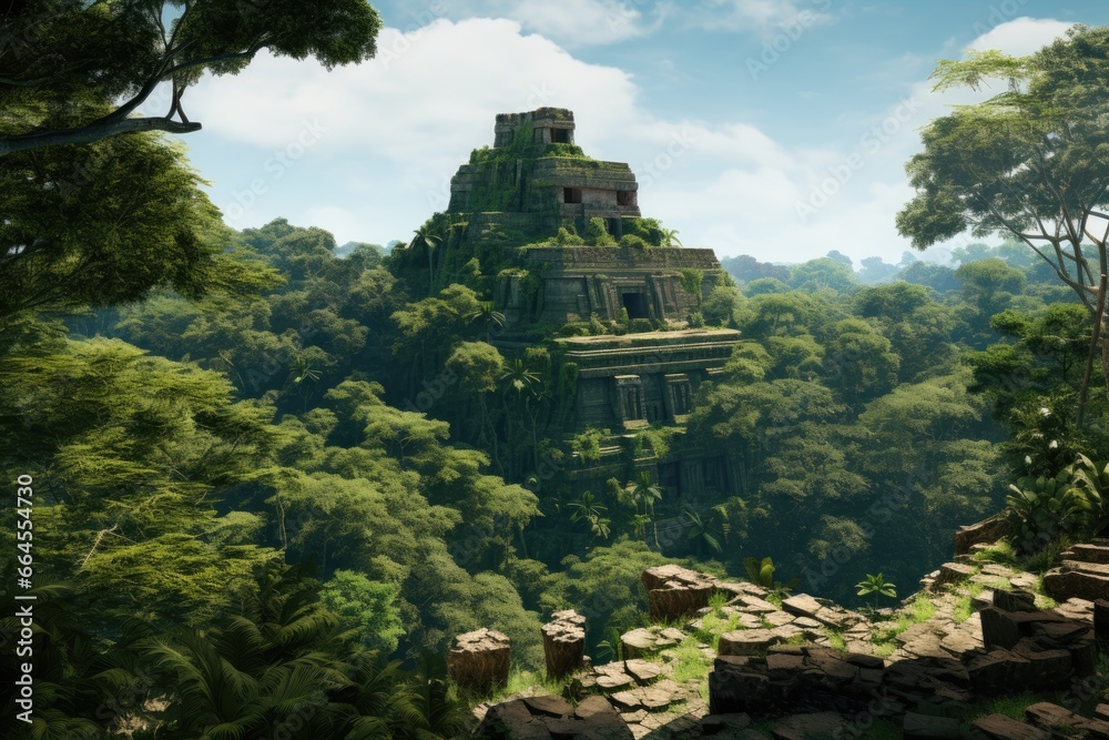 Aztec temple, Olmec temple, Toltec temple. Vast tropical rain forest ...