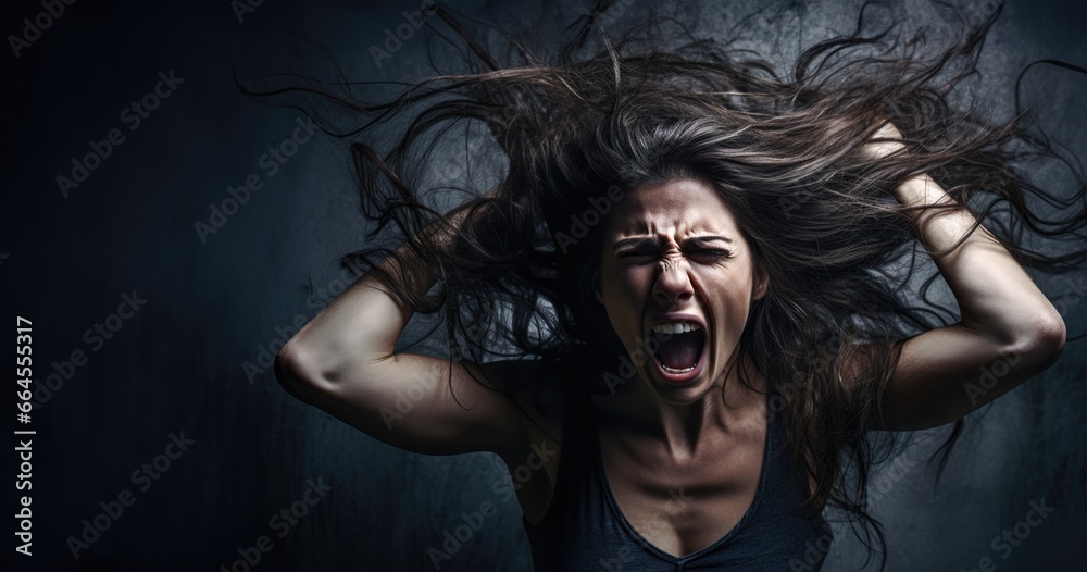 Dark background. Grunge and grain texture. Dust scratches. Woman ...