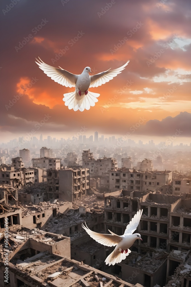 white pigeon a symbol of peace and hope flying over devastated ...