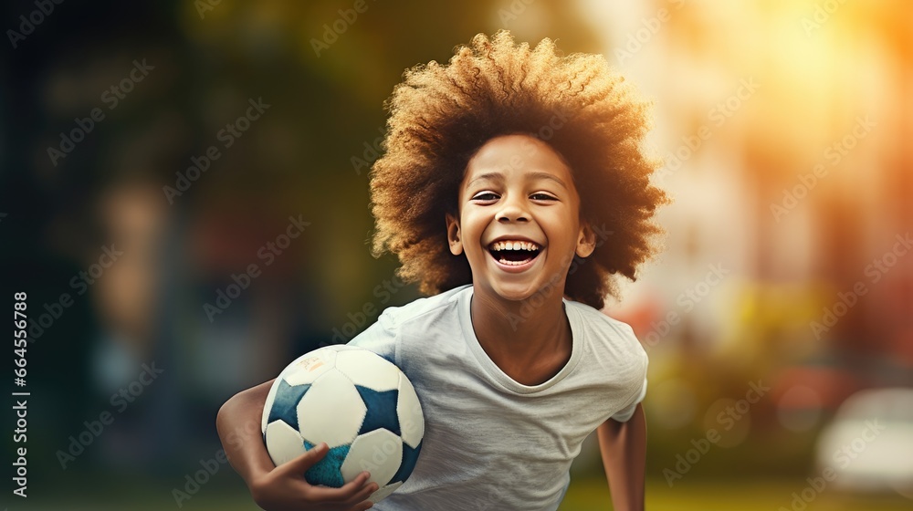 Youthful Enthusiasm - Young School Boy Enjoying a Game of Football with ...