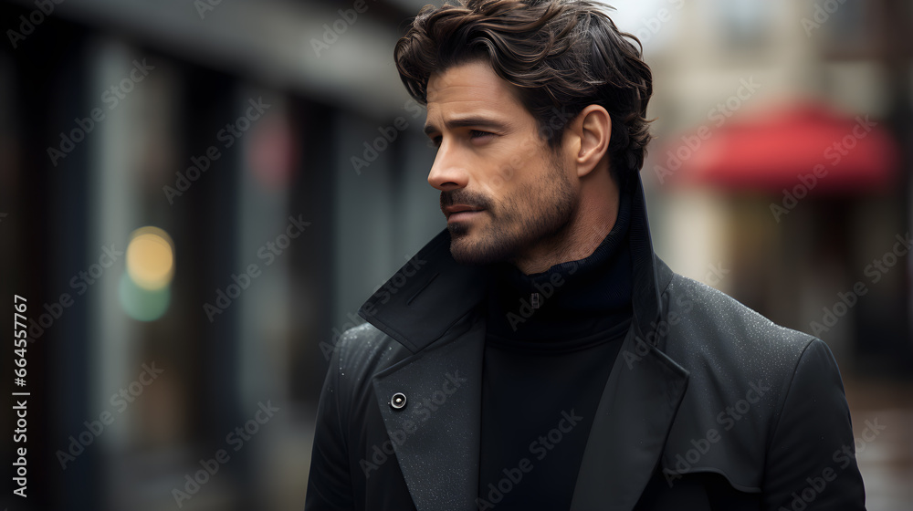 Fashion male model side pose wearing black coat Stock Photo | Adobe Stock