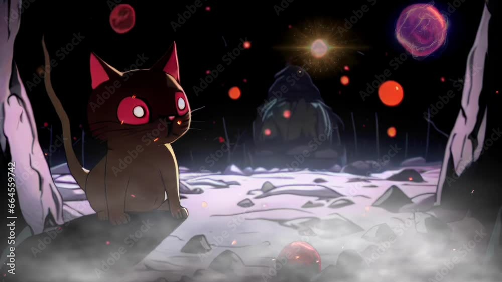 Funny Anime Space Cat Looking Around on Alien Planet with Comet, Moons ...