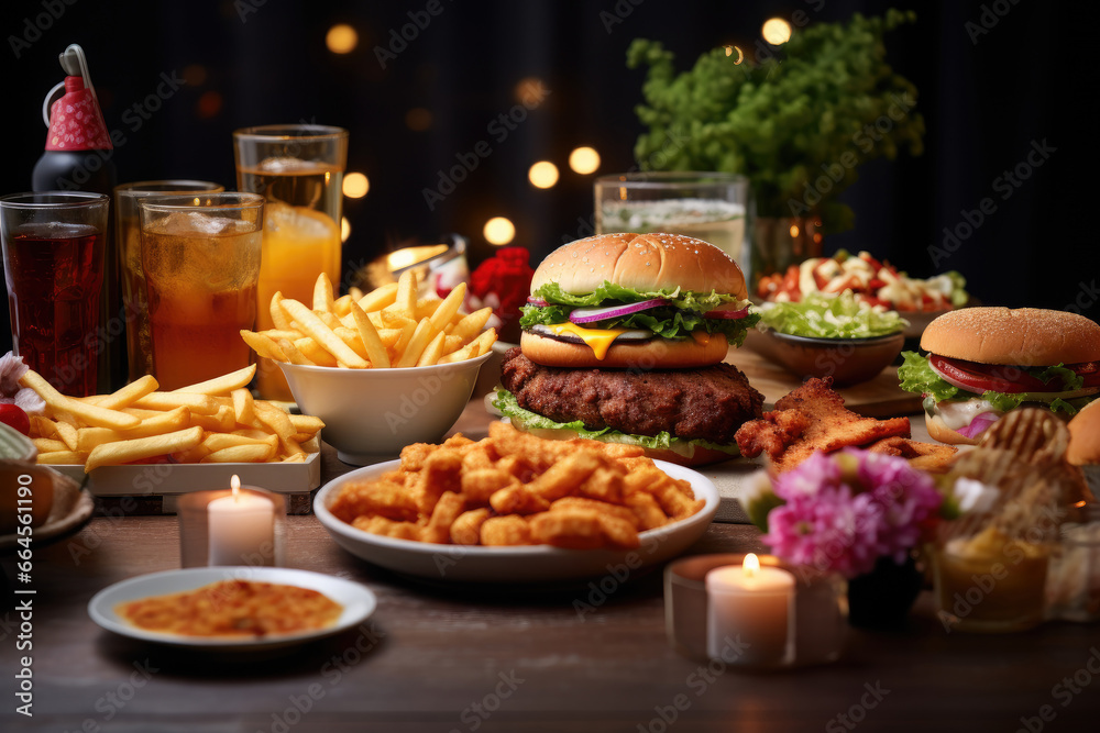 Delivery fast food or junk food for Dinner party, table full of ...