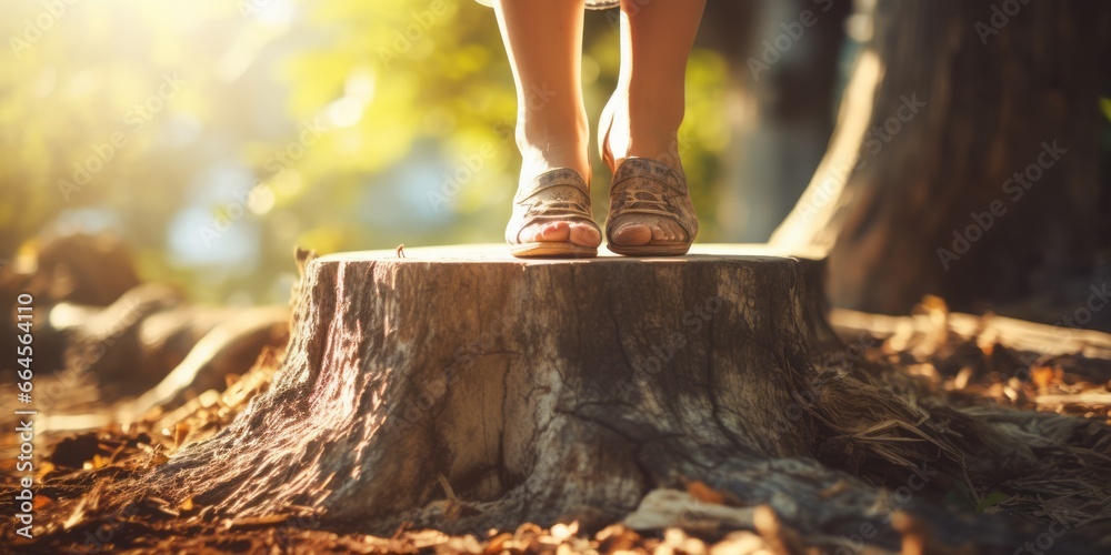 Bare Feet Gracefully Resting on a Tree Trunk, Bridging the Gap Between ...