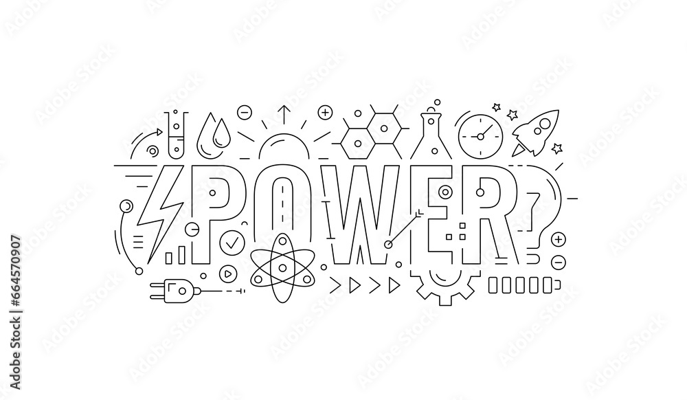 technical drawing power concept. power word and power symbols. outline ...