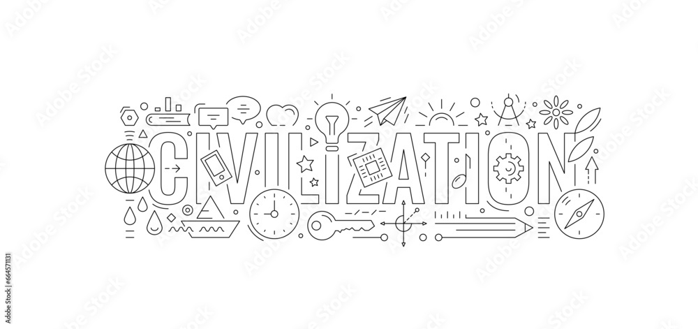 technical drawing symbols of civilization and civilization. outline ...