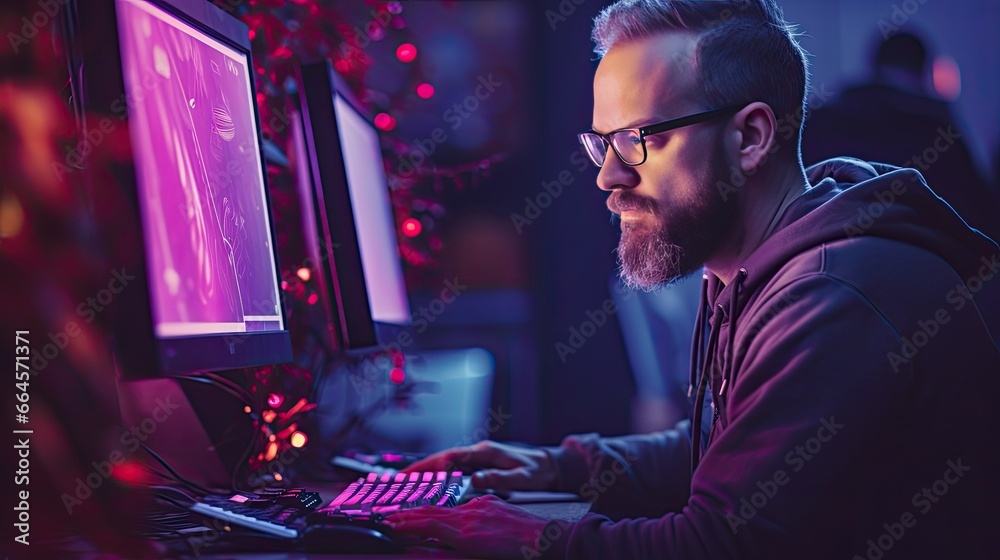 A male trader at work on a computer with a multi-monitor workstation with various charts and ...