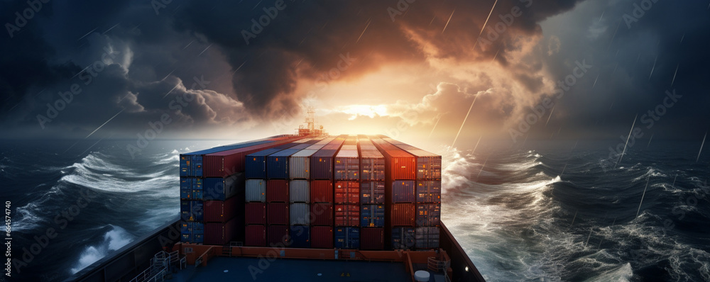 Cargo ship liner with containers on board in storm sea. Seaport ...