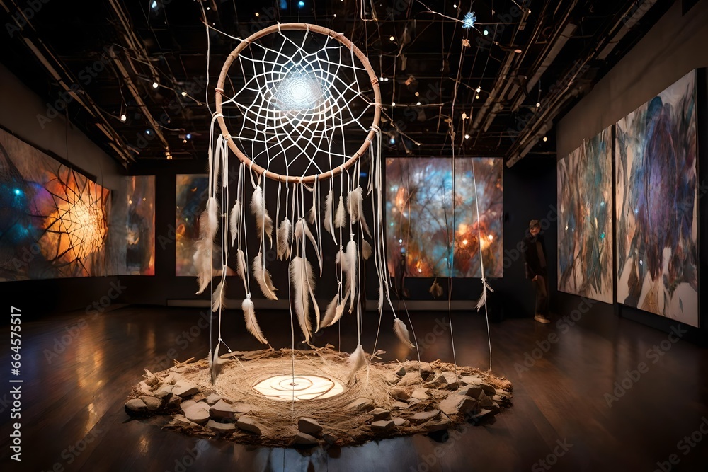 A dream catcher displayed in a contemporary art installation, with ...