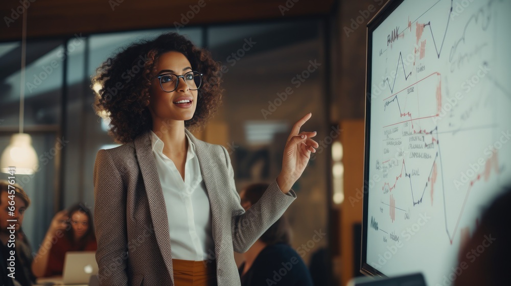 Business, board and black woman with presentation, planning and explain ...