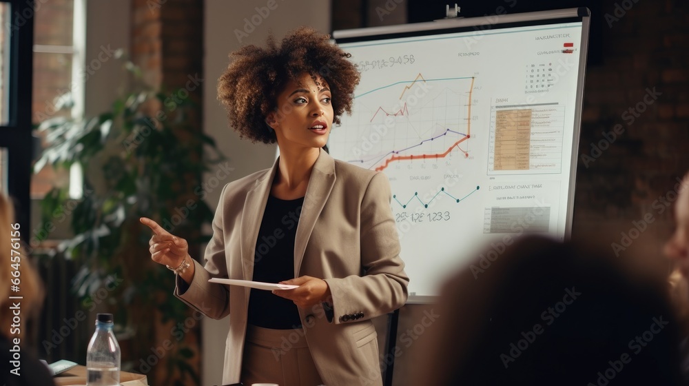 Business, board and black woman with presentation, planning and explain ...