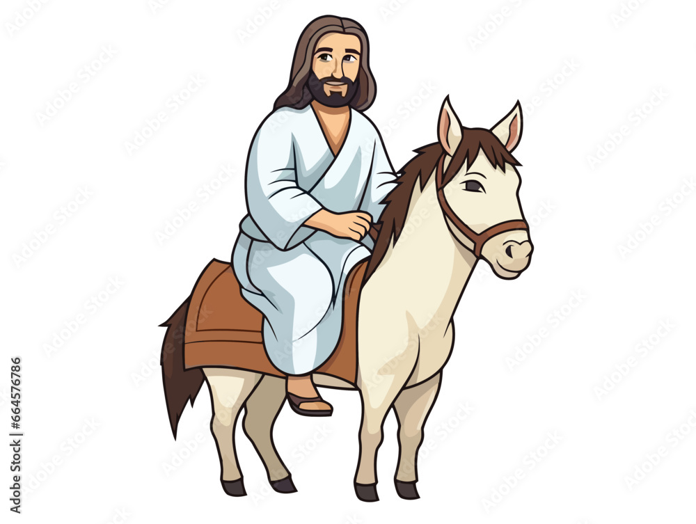 Doodle Jesus riding a donkey, cartoon sticker, sketch, vector ...
