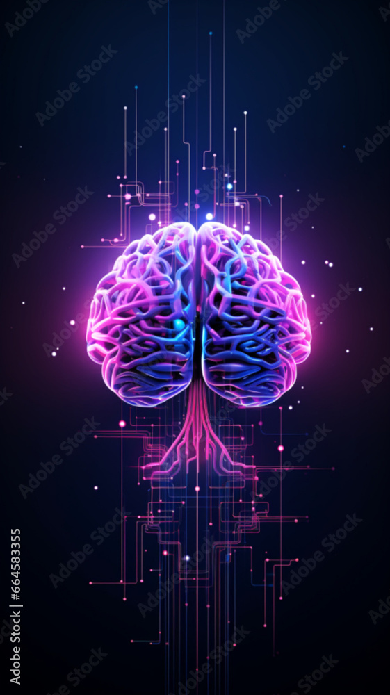 Glowing Human Brain. Dark Purple Neon Vertical Background with ...