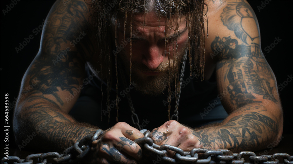 the man desperately tries to remove the chains from his hands. the ...