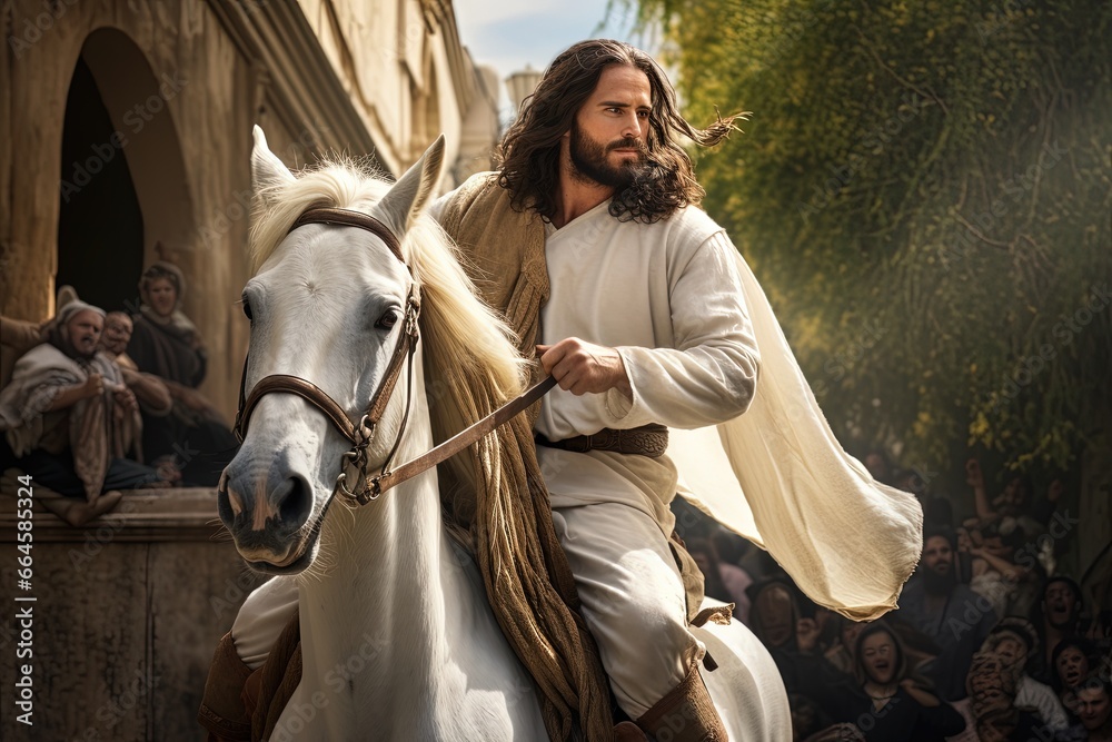 Jesus Christ riding a white horse into Jerusalem. Stock Photo | Adobe Stock
