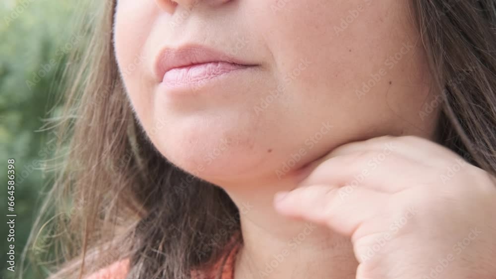 close up part face mature woman 50 years old, human fat neck, side view ...