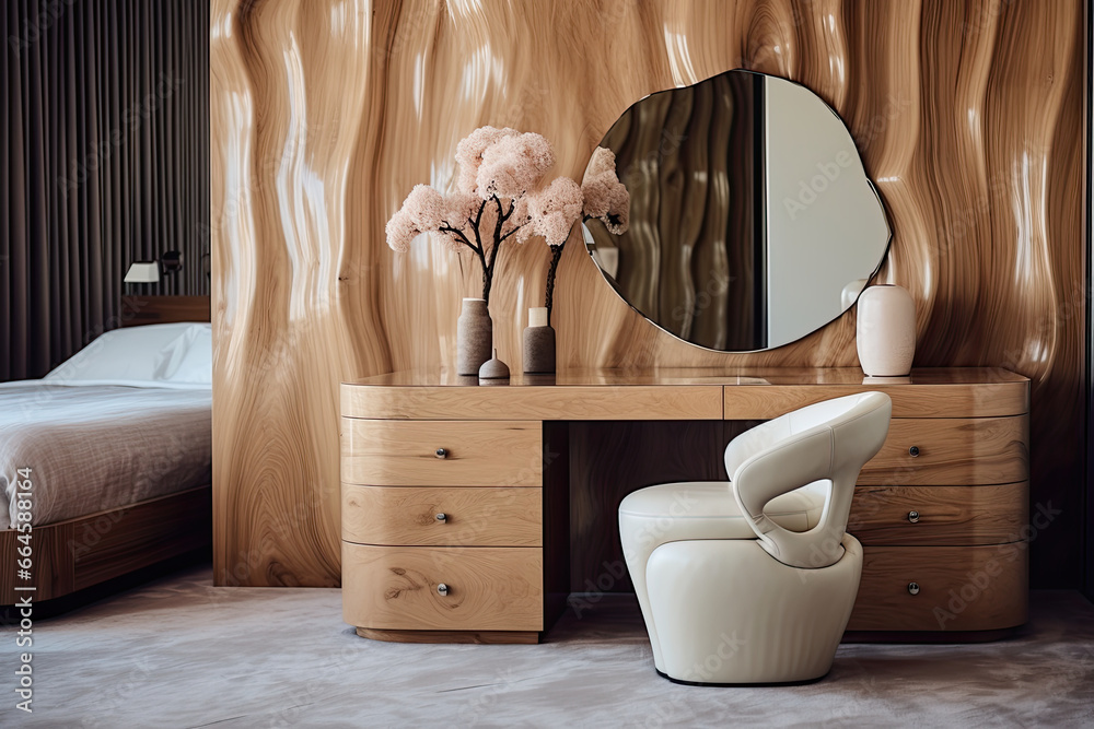Dressing table and stump chair. Interior design of modern bedroom with ...