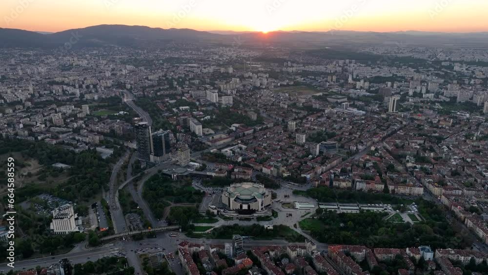 4K Aerial view of sunset or sunrise of the center of the capital of ...