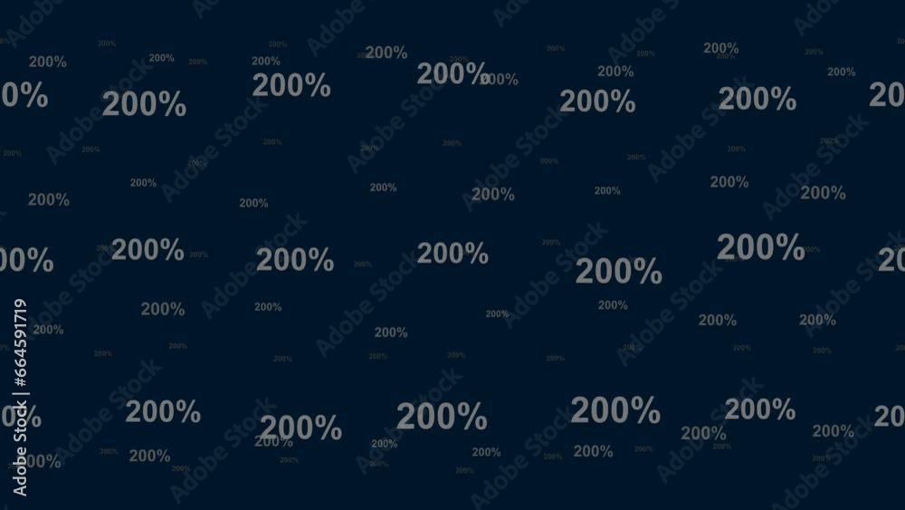 200 percent symbols float horizontally from left to right. Parallax fly ...