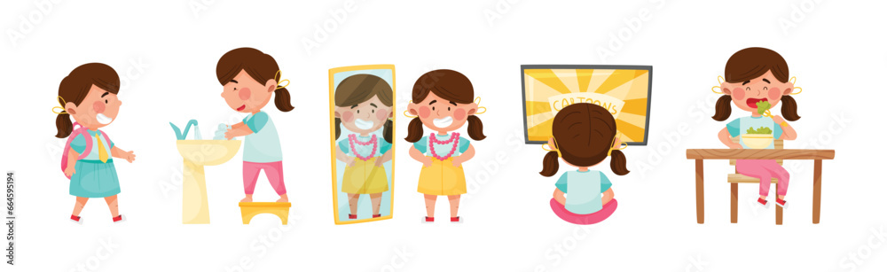 Vecteur Stock Cute Girl Character Engaged in Daily Routine and ...