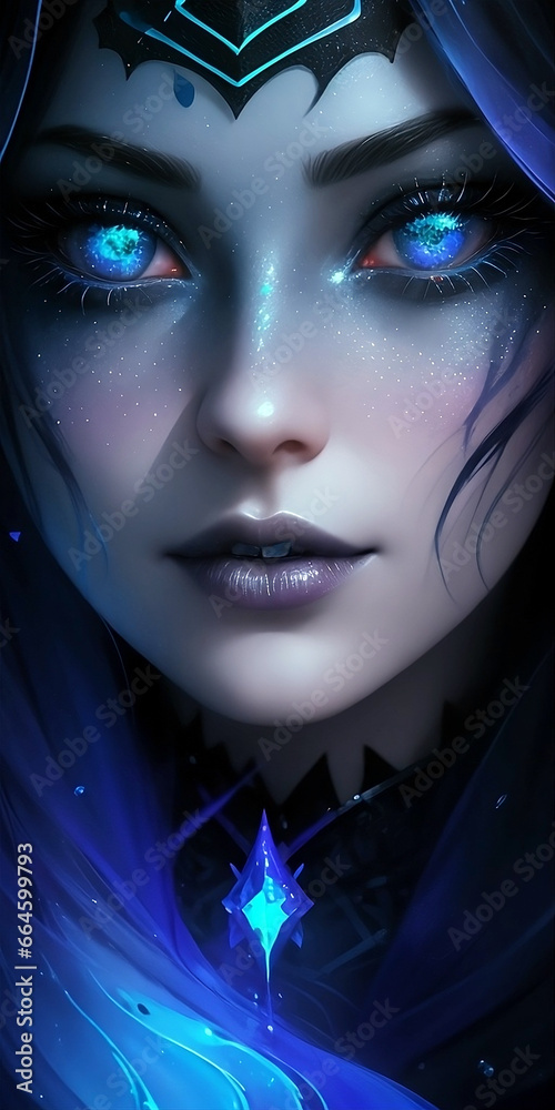 a portrait of a beautiful woman with blue eyes who looks like a witch ...
