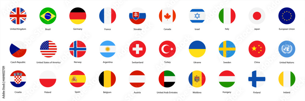 National flags icons vector, main flag languages set. UK, Germany, USA ...
