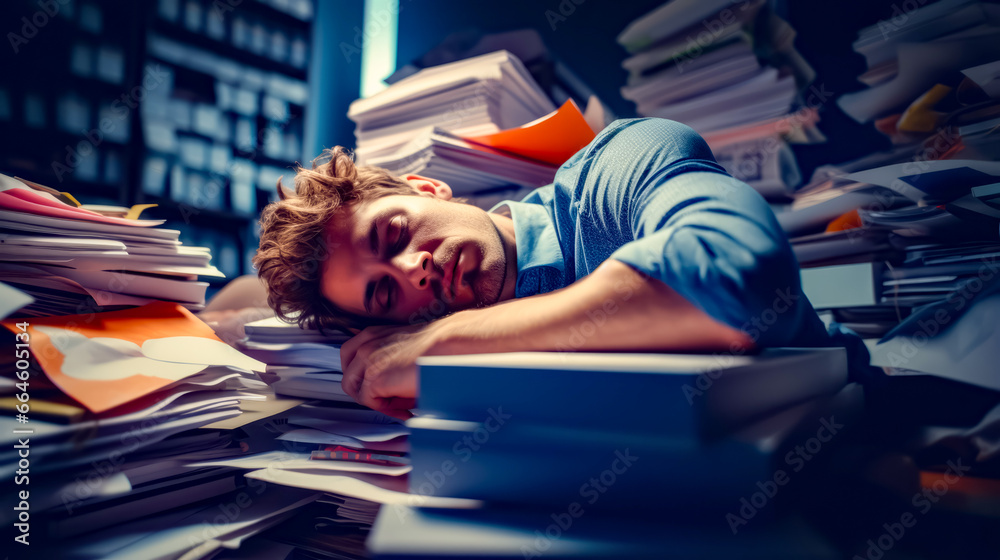 Young man sleeping on top of pile of books in library. Stock Photo ...