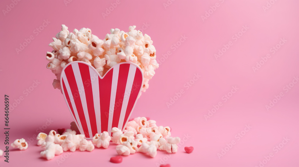 pink bucket of popcorn stands on a plain background, heart, romance ...