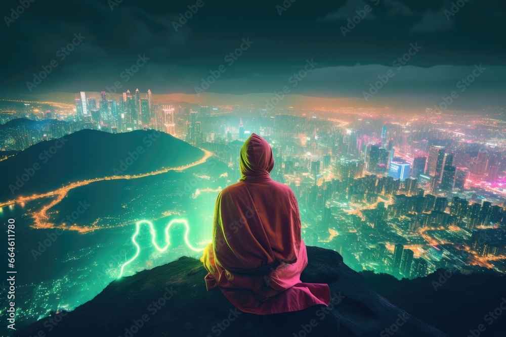 Futuristic Buddhist monk with magical powers meditating Stock ...