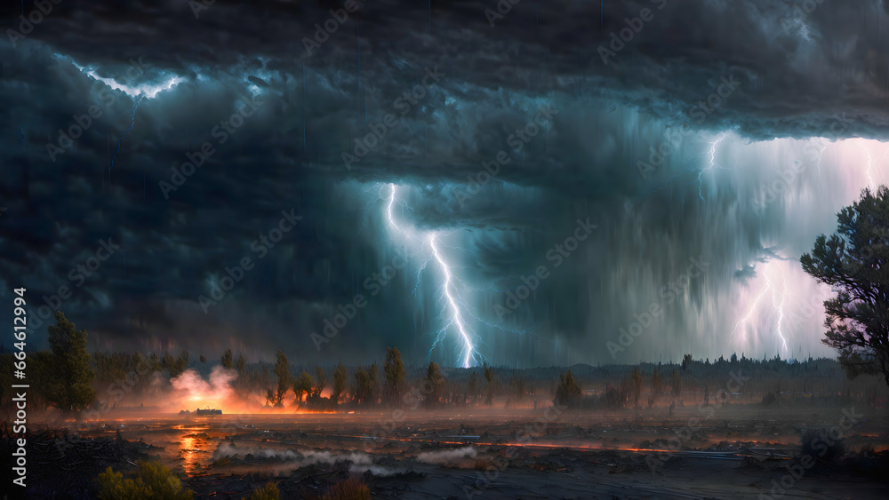 AI generated photo of Fierce thunderstorm with dark cloud in the sky ...