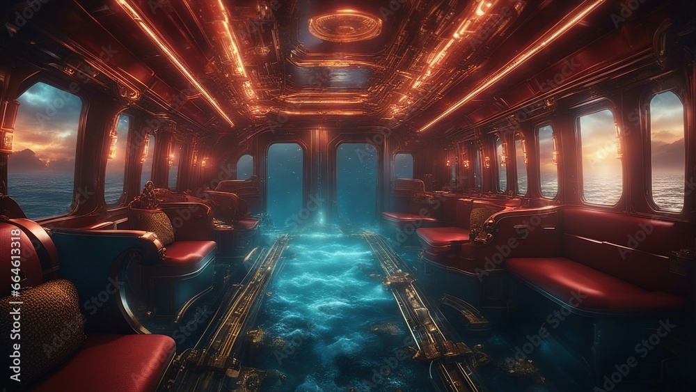 inside a train underwater Luxury train under the ocean in a lightning ...