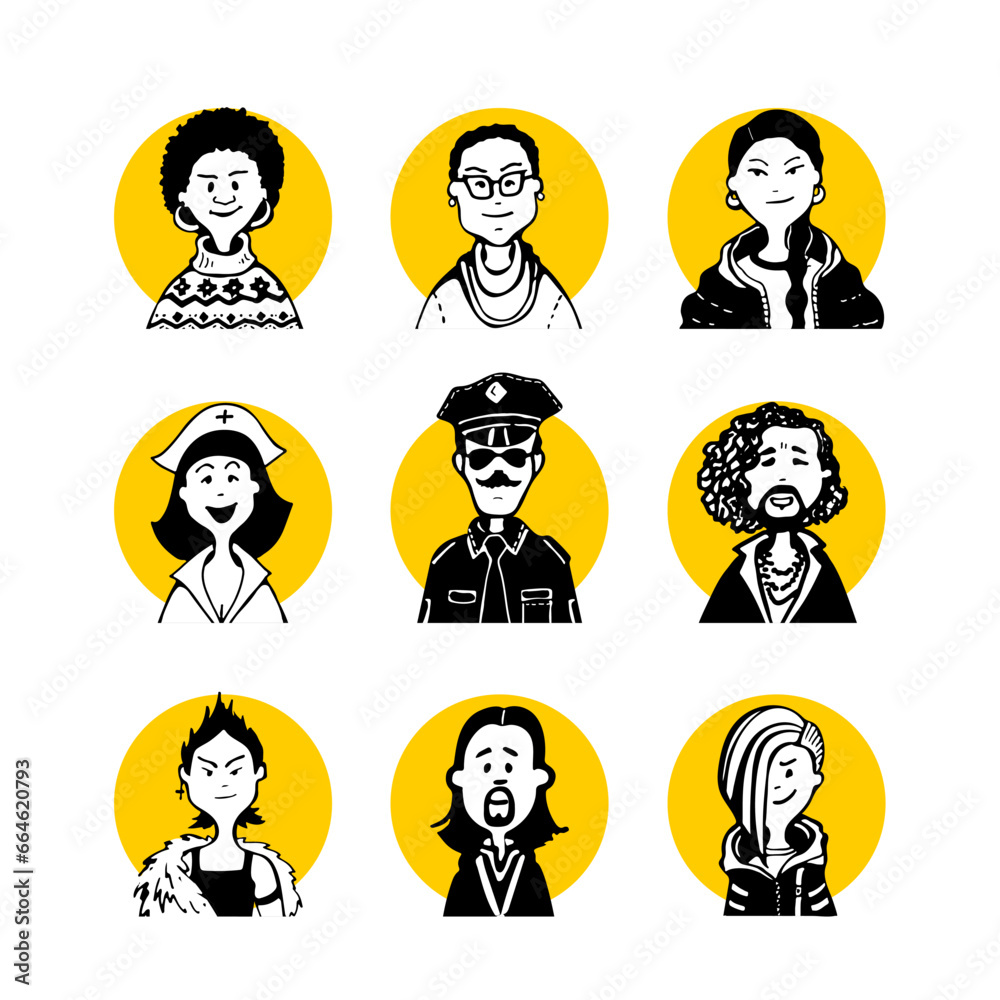 Collection of 22 comic faces and people characters in yellow circle ...