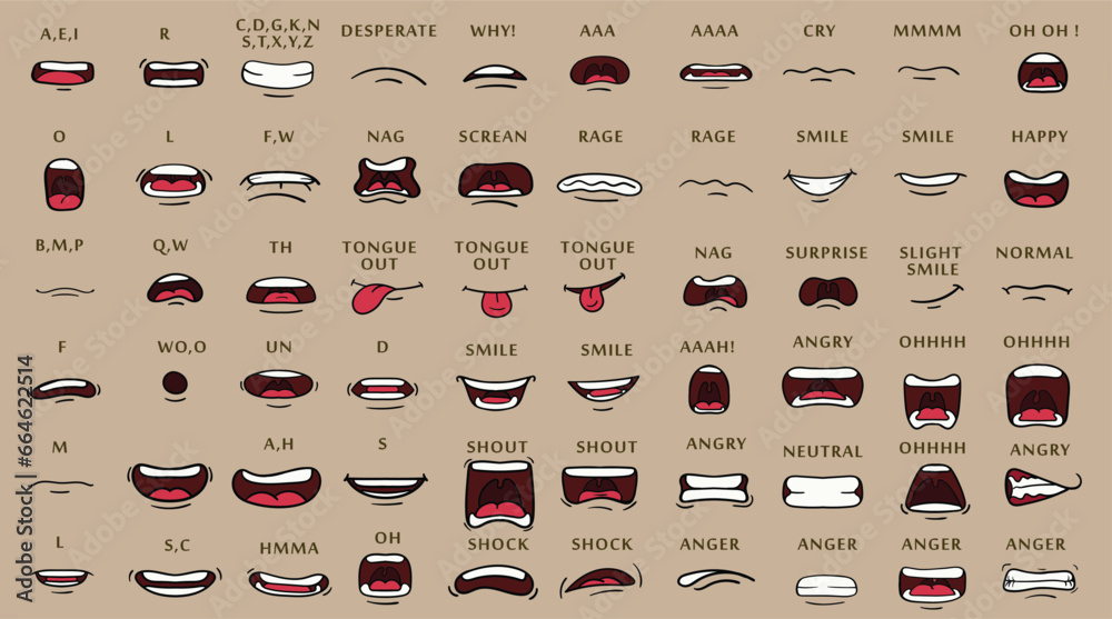 cartoon character talking mouth and lips expressions vector animations ...