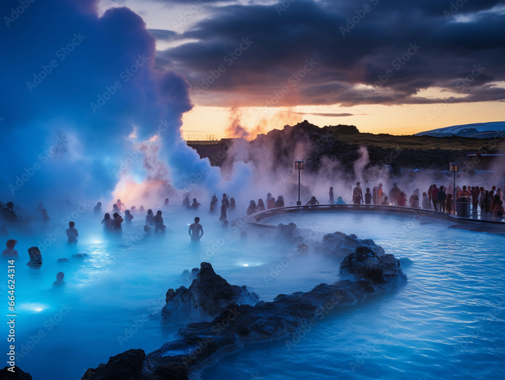 Thermal spring complex in Iceland, geysers erupting, people enjoying in ...