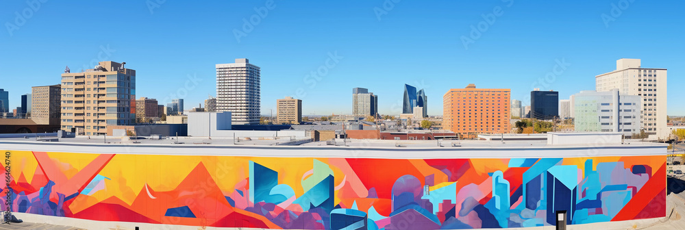 Urban mural featuring iconic city skyline, optical illusions, painted ...